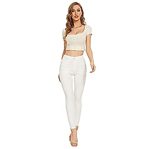 NanaDay Womens Hyper Stretch Skinny Pants Comfy Jeans with Pockets (Off-White, 2XL)