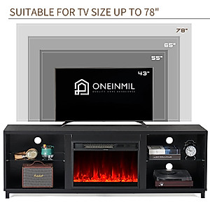 oneinmil 68 Inch Modern Fireplace TV Stand for TV up to 78 Inch for Living Room, TV Cabinet with 3D Electric Fireplace, Wood Storage TV Console, Media Entertainment Center with Cable Holes，Black