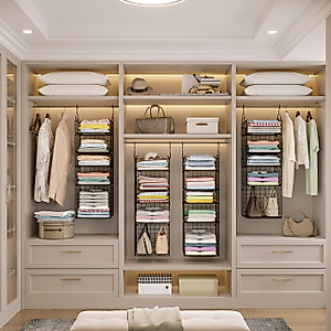 X-cosrack Hanging Closet Organizer and Storage - 5-Tier Closet Storage Organizer Baskets for Clothes & Adjustable Collapsible Metal Closet Hanging Organizer Shelves for Sweaters Shoes Handbags