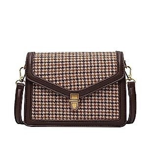 Crossbody Bag For Women Plaid Pattern Pu Leather Vintage Designer Small Handbags Messenger Shoulder Bag Office Ladies Cellphone Coin Purses (Khaki)