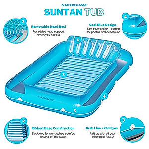 SWIMLINE Original Suntan Tub Classic Edition Inflatable Floating Lounger Blue | Personal Tanning Pool Hybrid Lounge | Comfort Pillow | Fill with Water | for Kids & Adults | Reflective Tanning Design