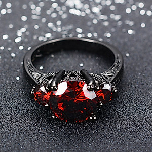JunXin® Black Gold Round Cut Three-stone Ruby Diamond Ring Cubic Zirconia Size6/7/8/9/10(8)