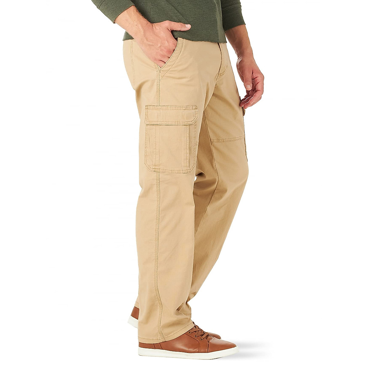 Wrangler Authentics Men's Relaxed Fit Stretch Cargo Pant, Travertine Ripstop, 36W x 29L