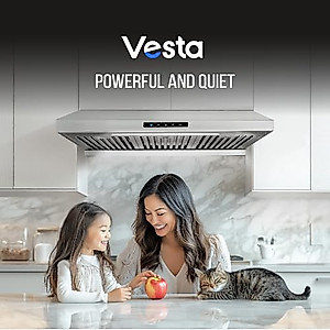 Vesta Arlington 850cfm Powerful 30''Under Cabinet Stainless Steel,With Twin Turbo Motors, Contemporary Design, Delay Shutoff 3 Speed Touch Screen, 6'' Top Round Vent, Long LED, and Long Oil Collector