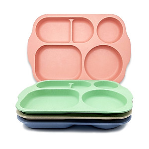 KITLAB Unbreakable Divided Plates, 4 Pack Wheat Straw Tray, Large Fast Food Tray for Toddlers Adults Kids Children, Lightweight Plates, Dishwasher and Microwave Safe