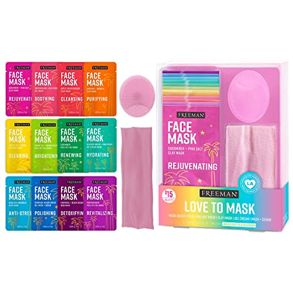 FREEMAN Facial Love To Mask Variety Pack: Oil Absorbing Clay, Detoxifying Charcoal, Clearing Peel Off, Hydrating Gel Cream, Exfoliating Scrub, 14 Piece Kit with Bonus Buffer and Headband