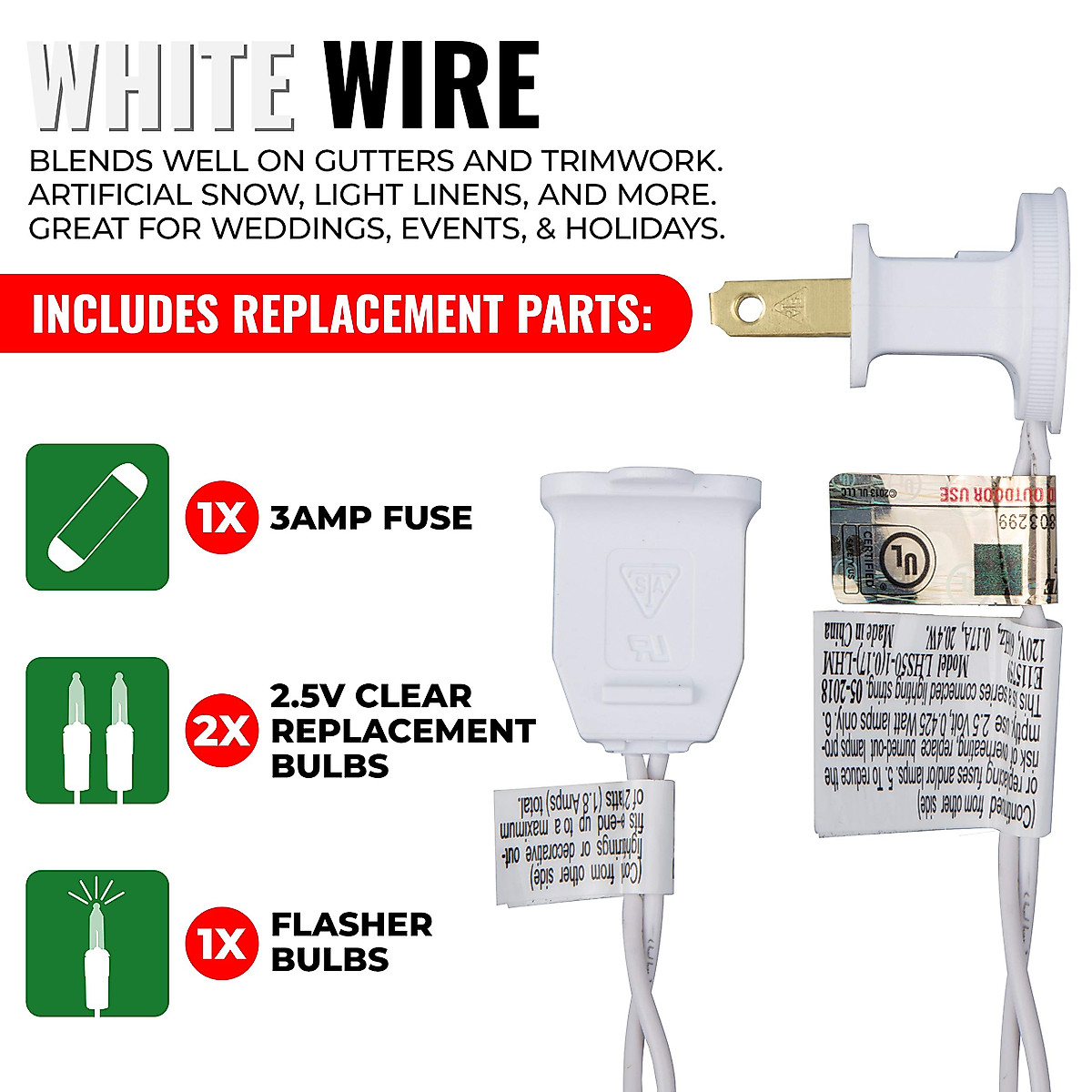 612 Vermont 50 Clear Christmas Lights on White Wire, UL Approved for Indoor/Outdoor Use, 9 Foot of Lighted Length, 11 Foot of Total Length