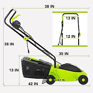 HKLGorg Electric Lawn Mower, 13-Inch 12 Amp Corded Push Mower with 3-Position Height Adjustment, 25L Collection Box, Corded Folding Handle, Electric Dethatcher for Yard, Lawn and Garden Care (Green)