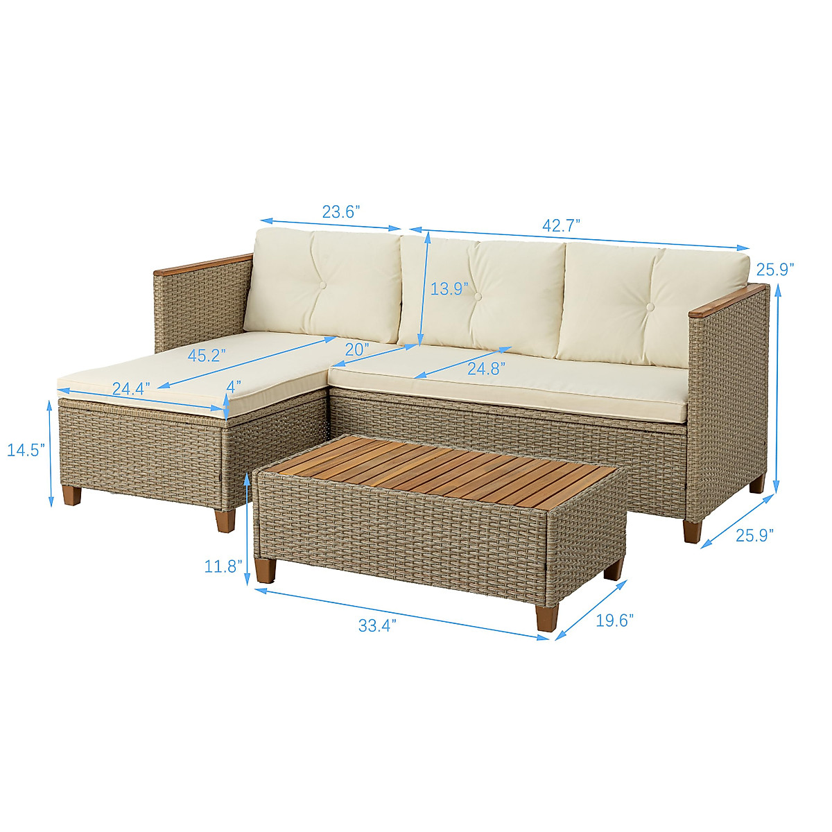 WiberWi Patio Furniture Set 3 Piece Outdoor Sectional Sofa Couch All Weather Rattan Wicker Conversation Set with Acacia Wood Coffee Table for Backyard Porch Garden Balcony, Waterproof, Beige
