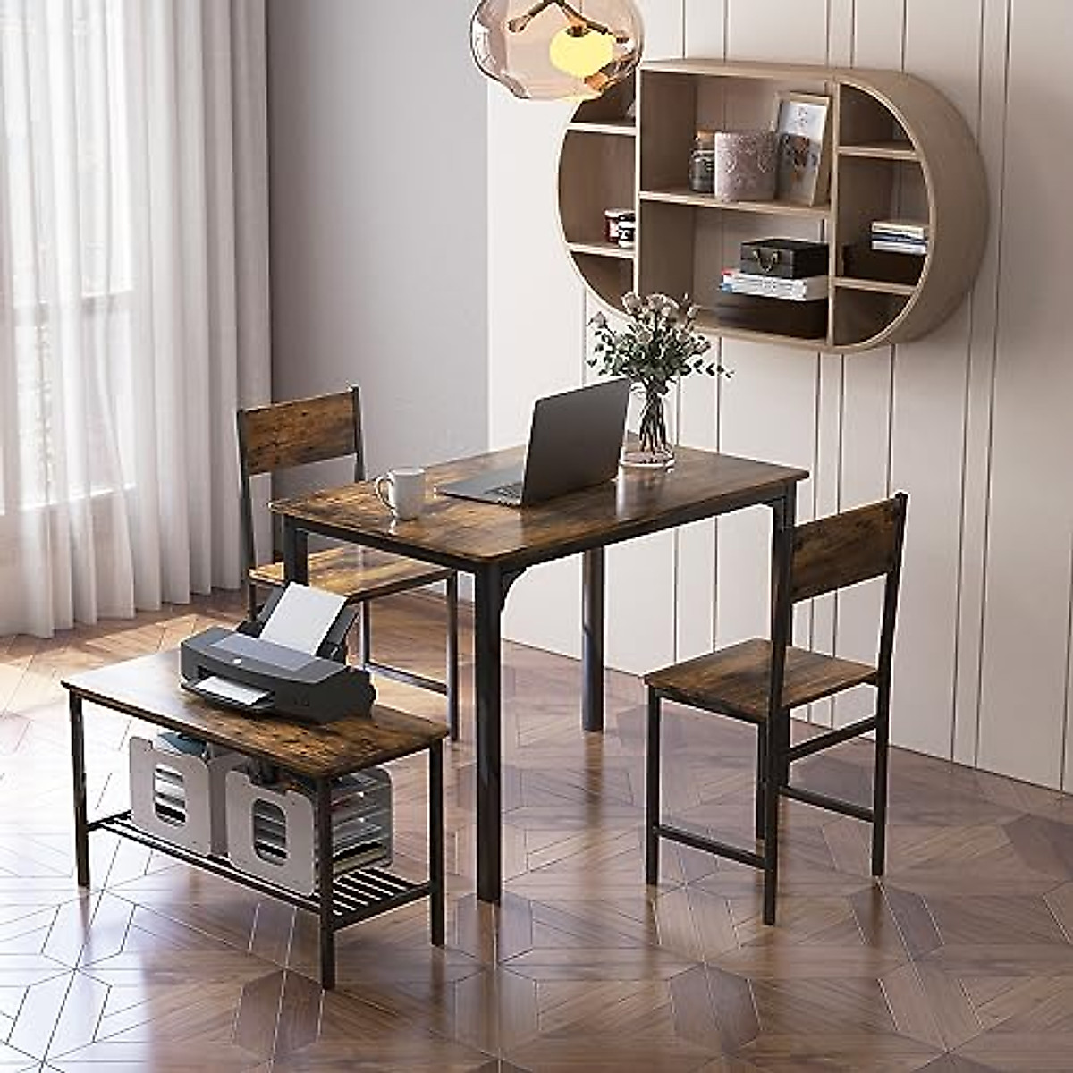 Tangkula 4-Piece Dining Table Set, Kitchen Table with Bench and Chairs, Metal Frame, Space-Saving Furniture, Modern 4-Person Dinette for Kitchen, Dining Room