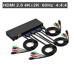 CKLau 4 Port KVM HDMI Switch with Audio, Microphone, 2 USB 2.0 Hub and Cables Support Wireles Keyboard Mouse Resolution Up to 4Kx2K@60Hz 4:4:4