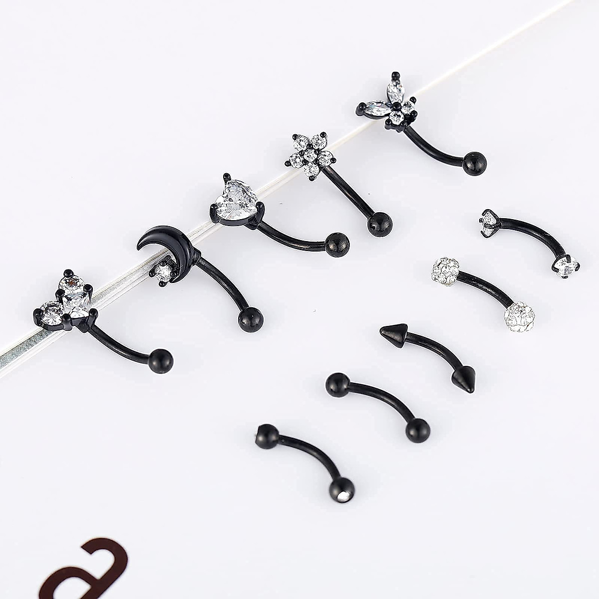 EVISPOL 10Pcs 16G Rook Piercing Jewelry for Women Men, Eyebrow Rings Curved Barbell 316L Stainless Steel Belly Lip Rings CZ Daith Cartilage Earrings Tragus Helix Piercing Jewelry-6MM-Black