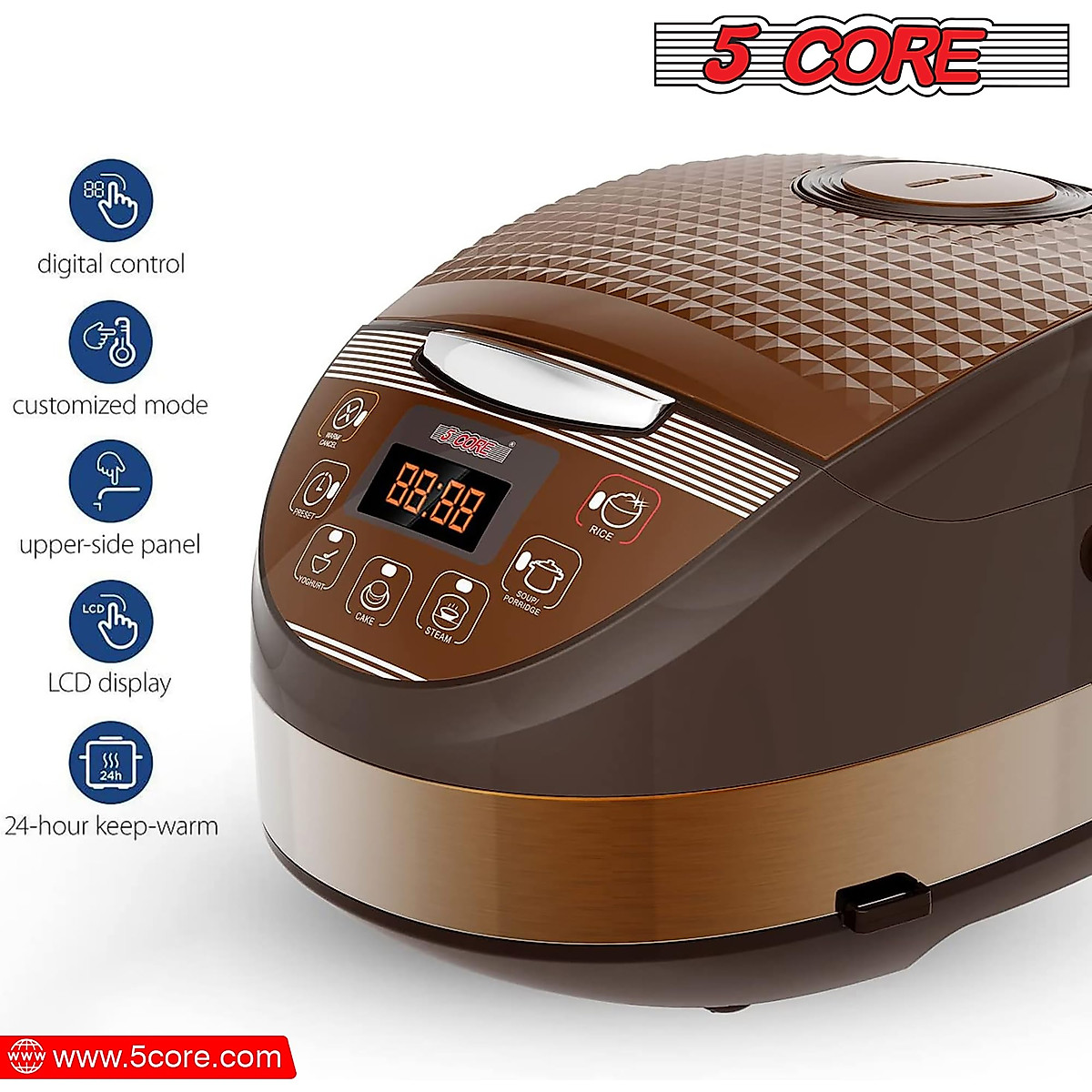 5 Core 5.3Qt Asian Rice Cooker Digital Programmable 15-in-1 Ergonomic Large soft Touch push button Electric Multi Cooker, Steamer Pot, Warmer 21 Cups 24 Hour Delay Timer Auto Keep Warm Feature RC 0502