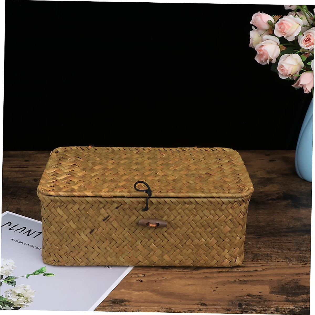 Straw Storage Basket with Lid Rattan Woven Desktop Organizer for Clothes Sundries and Home Decor