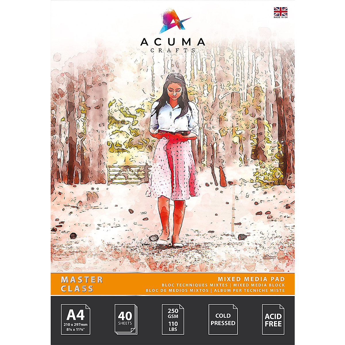 Mixed Media Paper Art Pad, 40 Sheets, A4 Size 110 lb/250 GSM, Glue Bound, Bleedproof, Acid Free, Cold Pressed for Artists Wet, Mixed Media Drawing and Techniques, Made in UK by Acuma Crafts