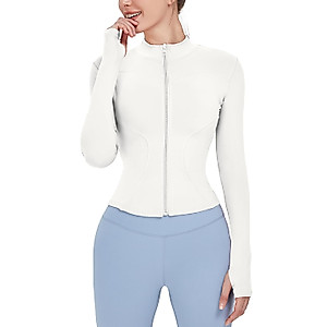 Locachy Women's Lightweight Stretchy Workout Full Zip Running Track Jacket with Thumb Holes White XS