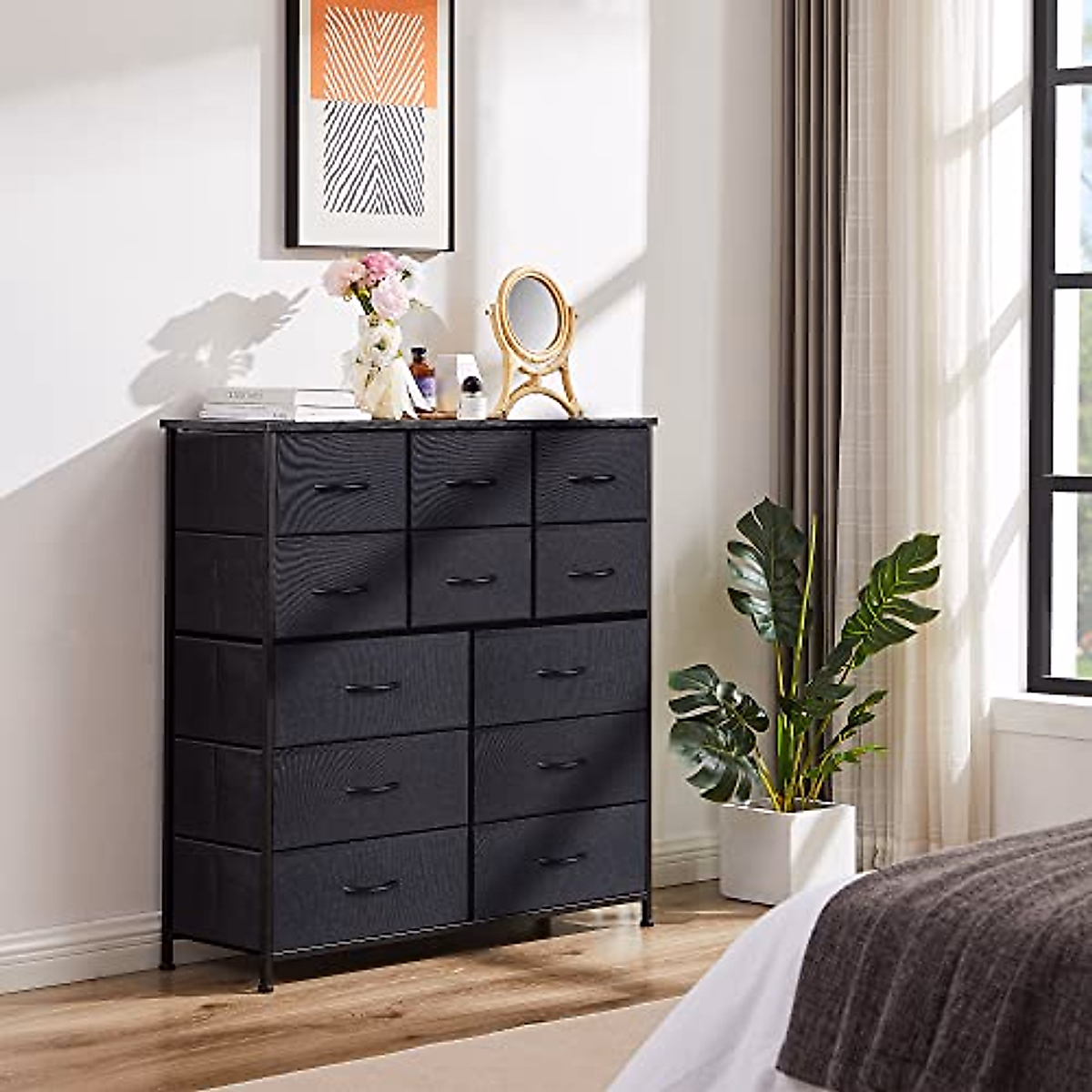 Bigroof 12-Drawer Dresser, Fabric Storage Tower, Storage Organizer Unit for Bedroom, Nursery, Entryway, Closets - Sturdy Steel Frame, Wood Marble Top & Easy Pull Fabric Bins