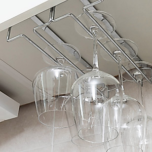 GOODSDECO Wine Glass Rack without Screw, Wine Glass Holder, Stemware Holder Under Cabinet, Stainless Steel Hanger, Glasses Storage Hanger for Kinchen Bar (2P)