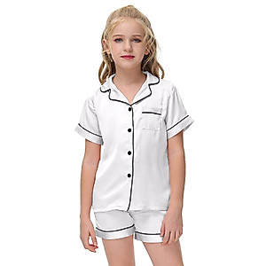 Veseacky Big Girls Boys Pajamas Set Satin Silk Short Sleeves Sleepwear 2 Piece Button-Down Classic Pjs Set (White,12y)
