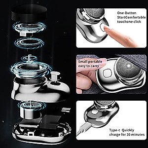 Mini Electronic Shaver - Men's Pocket Razors, Portable Wet and Dry Shaver, One-Button Shave, Waterproof Rotary Shaver, USB Rechargeable Shaver for Car, Outdoor, Business Travel (Silver)