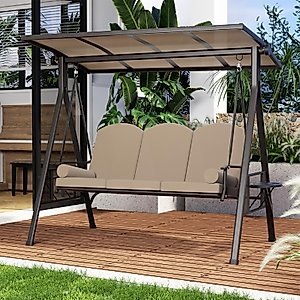EBE Outdoor Porch Swing with Polycarbonate Hardtop, 3 Seat Patio Swing Chair with 2 Side Cup Holder, Convertible Backrest Swing Bed with Cushion, 2 Pillows for Front Porch Garden, Brown