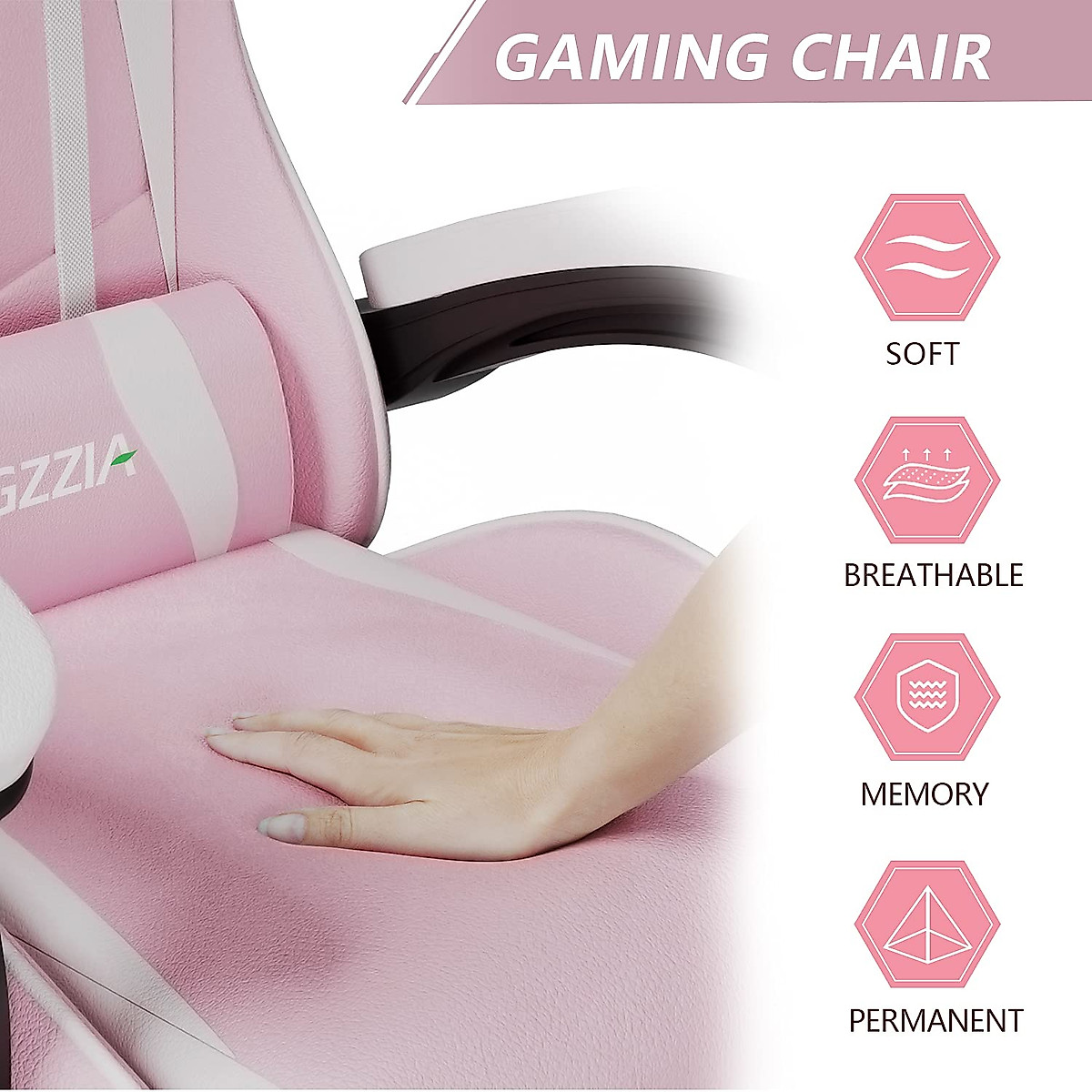 Computer Gaming Chair for Girl Teens, Seat Height Adjustable and Lumbar & Head Support Pink and White