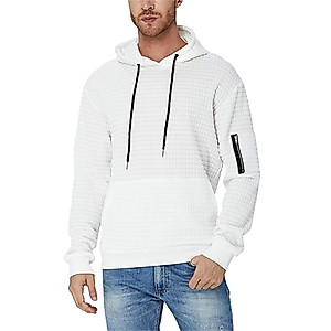 Maiyifu-GJ Men's Plaid Jacquard Pullover Hoodies Long Sleeve Gym Hooded Sweatshirts Casual Drawstring Hoodie with Pocket (White,Medium)