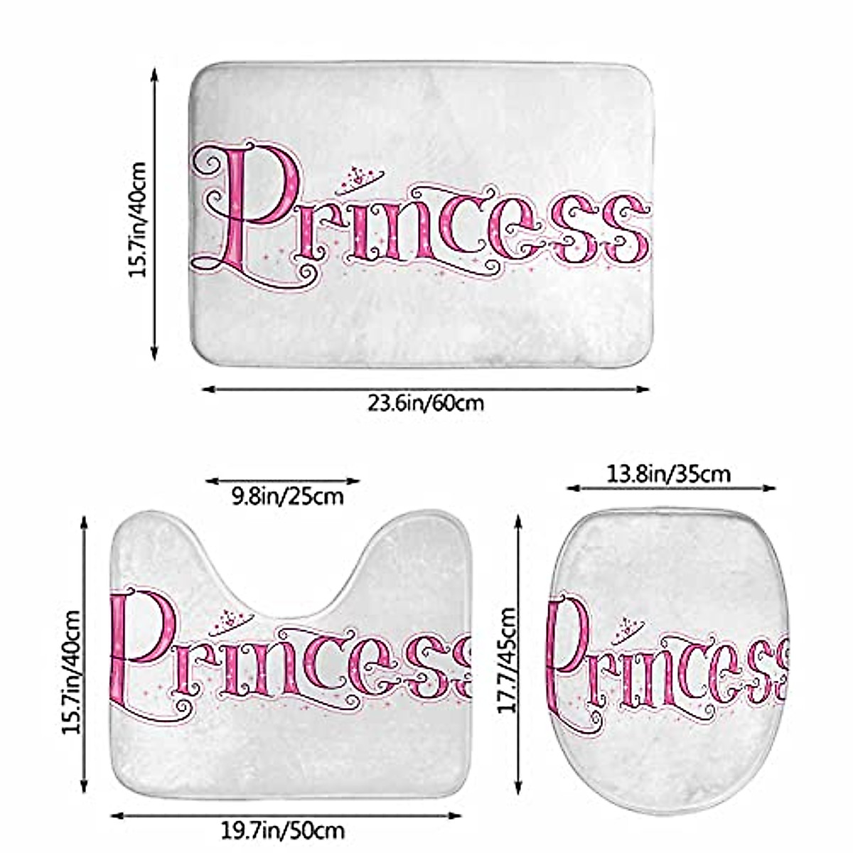 AOYEGO The Word Princess 3 Pieces Bathroom Rugs Set Text Featuring Clip Art Typography Aristocracy Crown Non Slip 23.6X15.7 Inch Soft Absorbent Polyester for Tub Shower Toilet