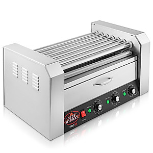 Olde Midway Electric 30 Hot Dog 11 Roller Grill Cooker Machine with Bun Warming Drawer and Cover - Commercial Grade, Stainless Steel