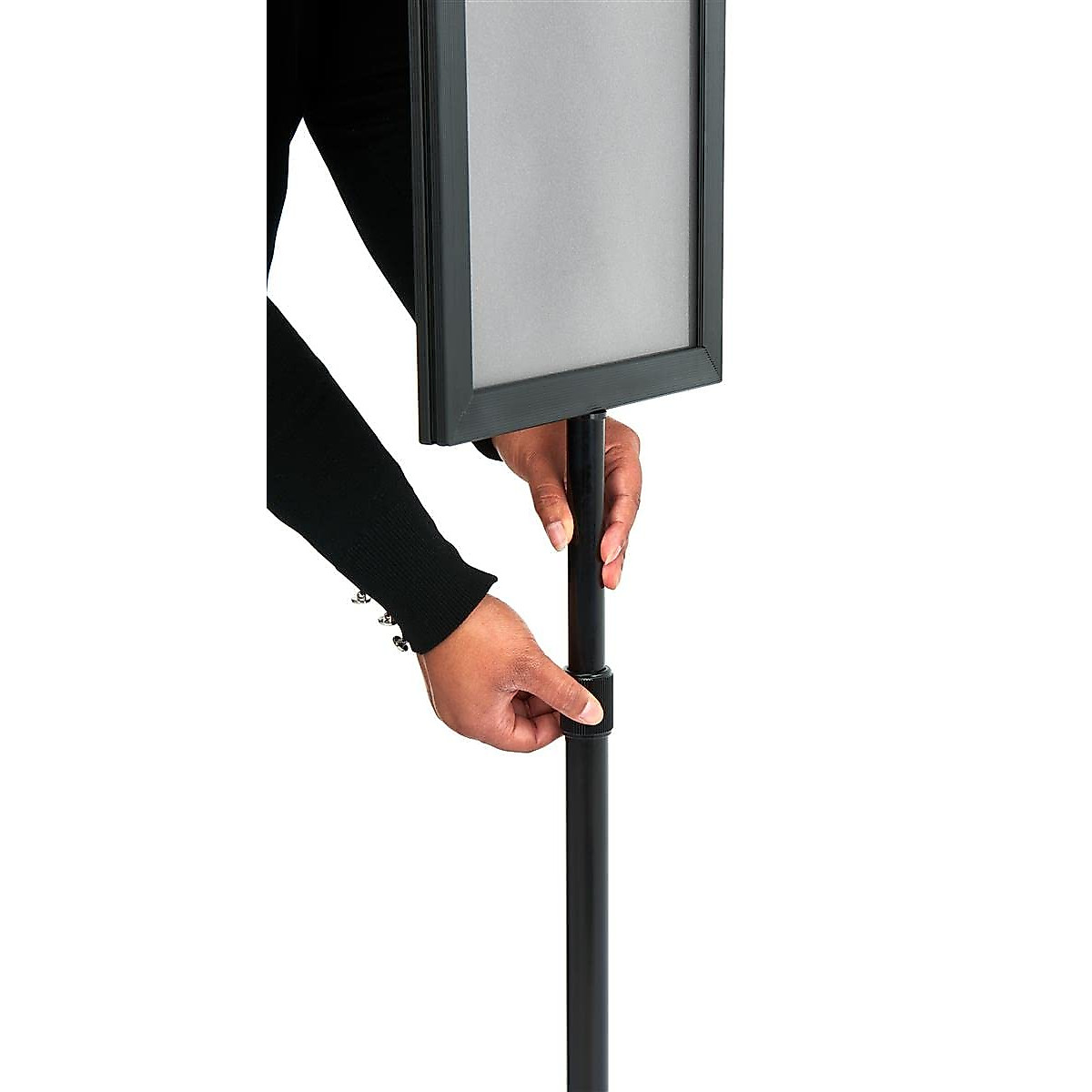 11x17 Sign Stand with Height-Adjustable Post, Top-Loading Sign Frame Includes PVC Backer and 2 Non-Glare Lenses for Double-Sided Presentations, Aluminum (Black)