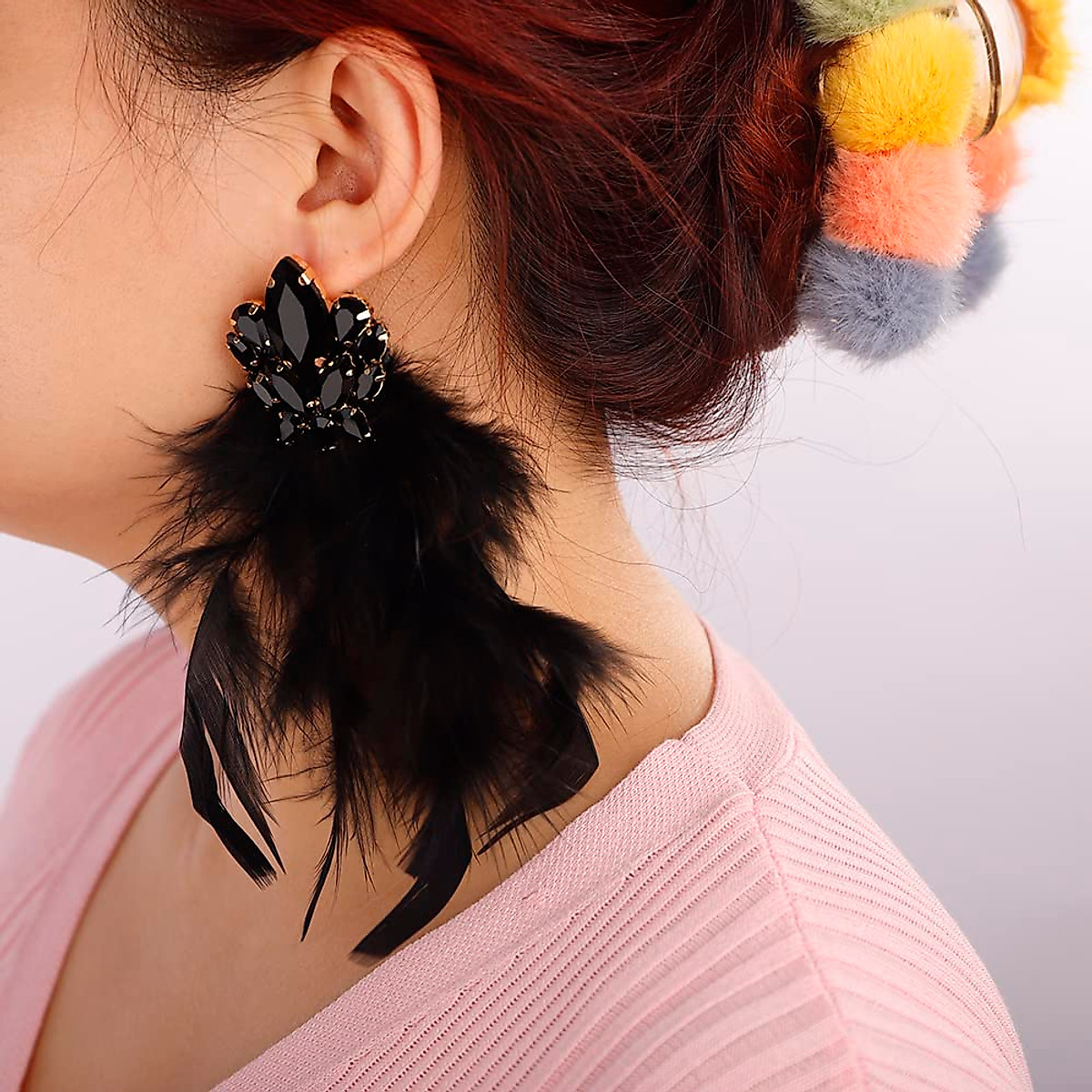 Denifery Long Feather Earrings Bohemian Earrings Multicolor Tassel Handmade Feather Earrings Dangling Earrings for Women and Girls (Black)
