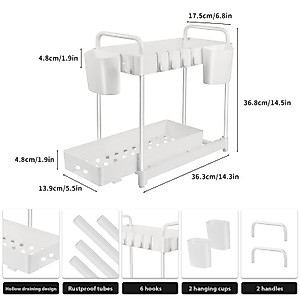 RASHNU Under Sink Organizers and Storage, 2 Tier Under Bathroom Storage Rack with 6 Hooks, Multi-purpose Storage for Bathroom Kitchen Cabinet (White 1 Pack)