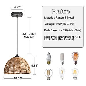 Gudicati Hand Woven Rattan Pendant Light Fixture Vintage Farmhouse 9.84" Bamboo Dome Pendant Lights Modern Retro Boho Wicker Basket Pendant Lighting for Kitchen Island, Bedroom, Dining Room, 2-Pack