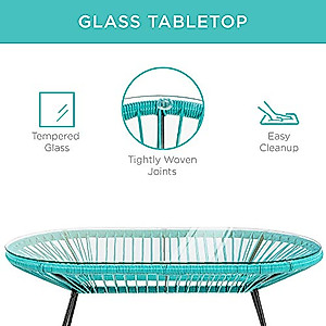 Best Choice Products 4-Piece All-Weather Acapulco Conversation Set, Outdoor Patio Furniture w/Loveseat, Woven Plastic Rope, Glass Top Table, 2 Chairs - Teal