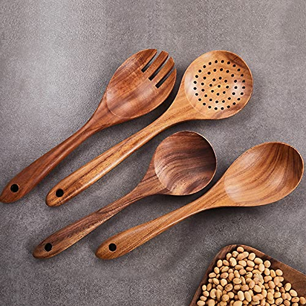 Wooden Kitchen Utensils Set,GUDAMAYE 9 PCE Wooden Spoons for Cooking,Wooden Cooking Utensils,Natural Teak Wooden Spoons For Non-stick Pan