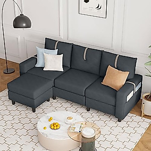 Pingliang Home 80" Sectional Sofas for Living Room, 3 Seat L Shaped Couch with Reversible Ottoman, Modern Linen Fabric Small Sectional Couch for Apartment Small Space, Dark Grey