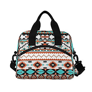 Ethnic Aztec Geometric Lunch Bag Reusable Lunch Tote Bag Thermal Cooler Bag Insulated Lunch Box with Adjustable Shoulder Strap for Office School Outdoor Picnic