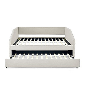 Eafurn Upholstered Daybed with Twin Size Trundle Bed and Wooden Slatted, Modern Linen Upholstered Full Size Day Bed Tufted SofaDaybed Frame and A Trundle, No Box Spring Needed, Furniture for Bedroom