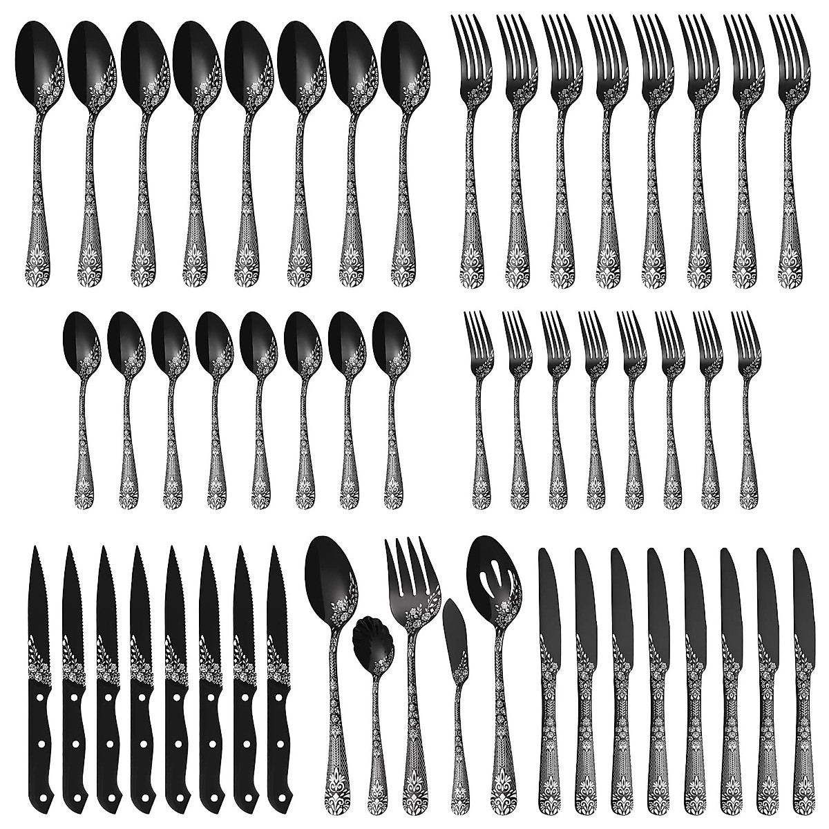 EUIRIO 89-Piece Black Silverware Set with Serving Utensils, Black Flatware Set for 14, Stainless Steel Mirror Cutlery Set, Spoons Forks Knives with Unique Floral Laser, Tableware Set, Dishwasher Safe