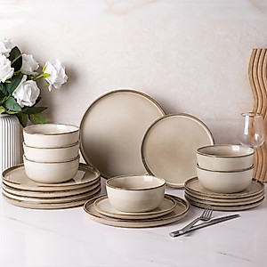 GBHOME Ceramic Dinnerware Sets for 4, 12 Pieces Stoneware Plates and Bowls Sets, Chip and Scratch Resistant Dishes, Dishwasher & Microwave Safe, Reactive Glaze-Cappuccino