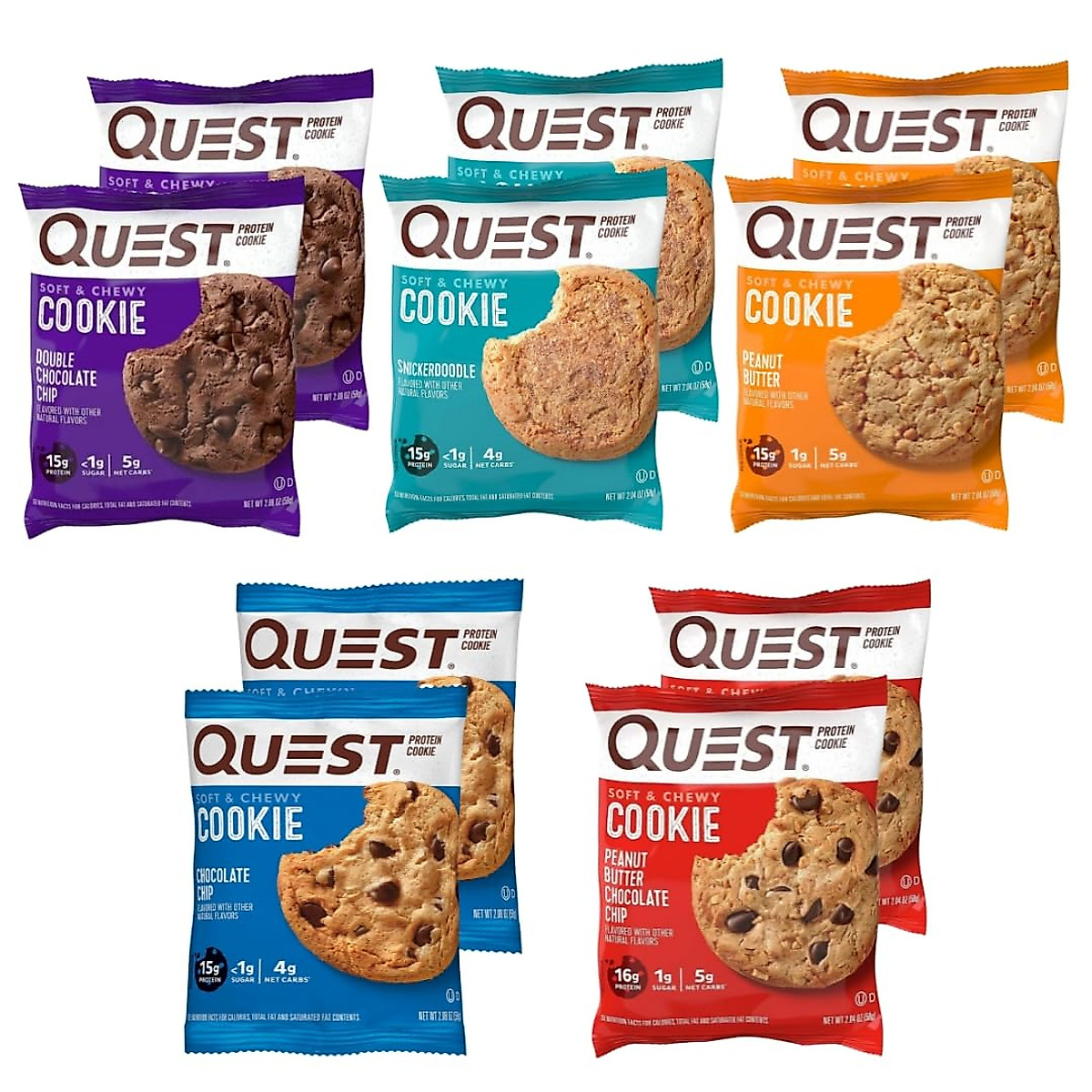 Quest Protein Cookie Variety Pack of 5 Flavors (10 Count) High Protein Low Carb Snack Bundle by ZIGGALOU®