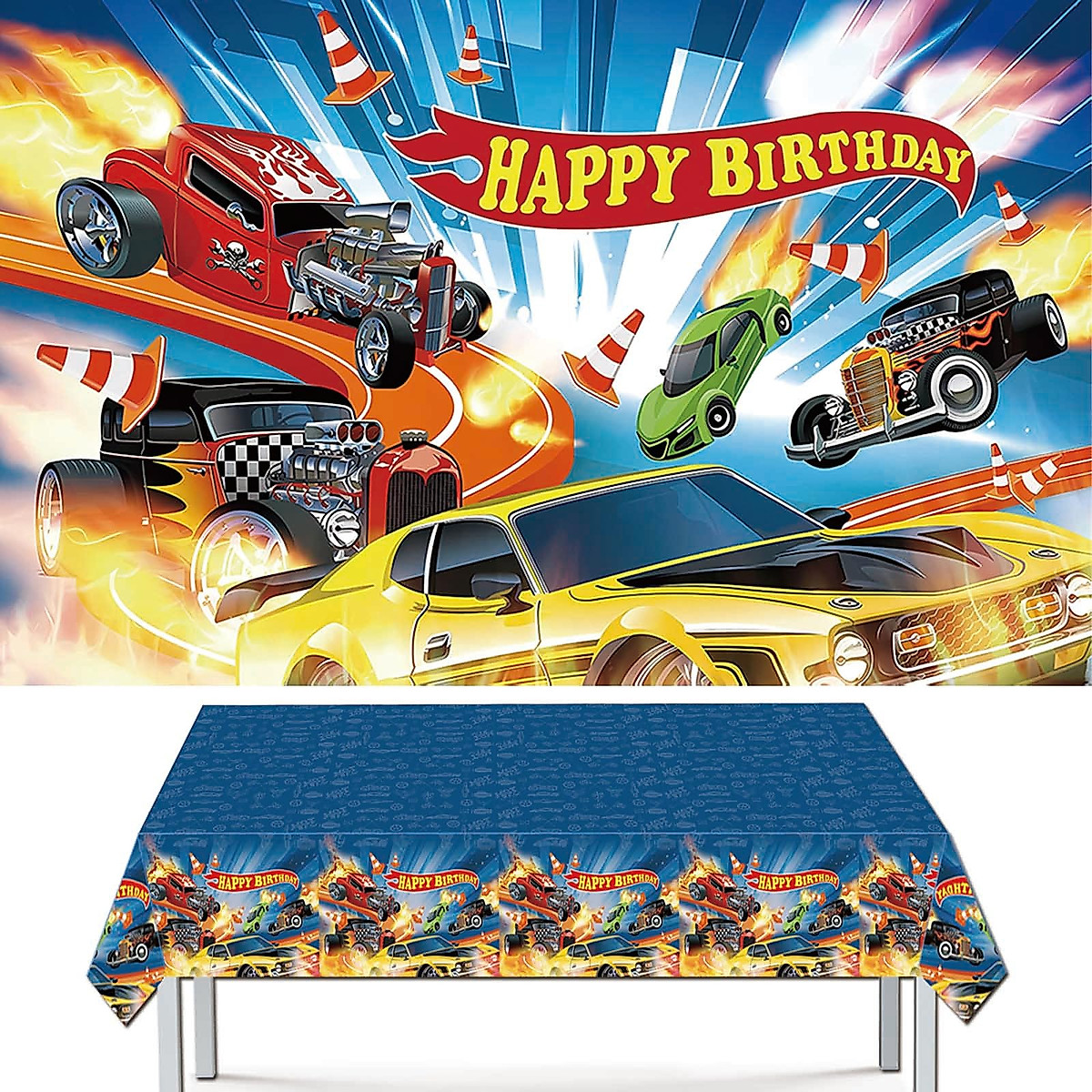Hot Race Car Themed Party Decorations, Car Wheel Birthday Party Supplies Include Plastic Table Covers(42.5x70.8inch) and Photography Backdrop(59x39inch) for Kids Truck Party Favors