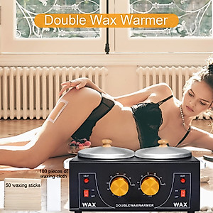 Double Wax Pot Electric Wax Warmer Professional Machine for Hair Removal, Wax Heater for Paraffin Facial Skin Body Spa Salon Equipment with 100 Waxing Cloth And 50 Removal Wooden Craft Sticks