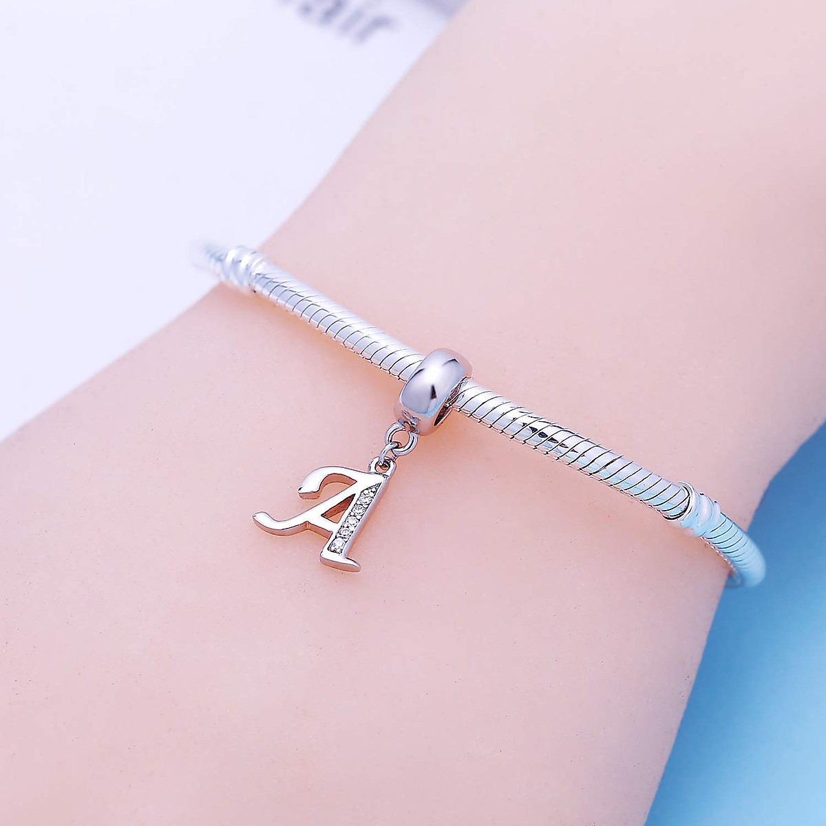 925 Sterling Silver Charms Alphabet Beads fit Pandora Charm Bracelets A-Z Letter Initial Spacer Dangle Clear CZ Stone Authentic for Snake Chain Bracelets (A)