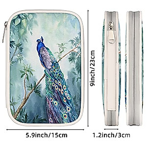 Peacock Pencil Case Holder, Tropical Peacock Tree Branch Zipper Pencil Pouch Multi-Purpose Cosmetic Makeup Brush Bag Stationery Box Passport Organizer Bag