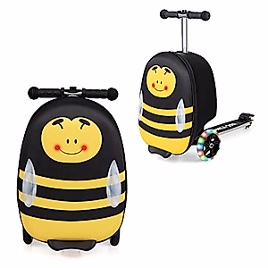 HONEY JOY Kids Scooter Suitcase, 18” Children Carry on Scooter Luggage w/Light-up LED Wheels, Waterproof Shell & Retractable Handle, Lightweight Foldable Ride on Suitcase