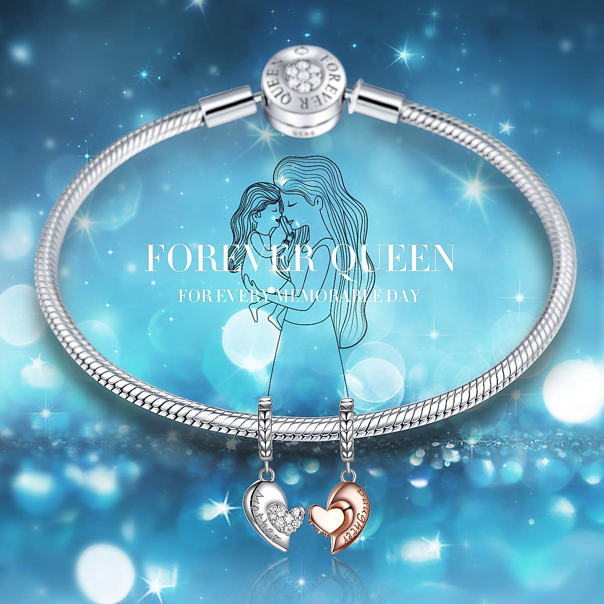 FOREVER QUEEN Mom Mother Daughter Heart Love Charms Dangle Charm Bead Set Fit Pandora Bracelet for European Snake Chain 925 Sterling Silver Pendant for Necklace