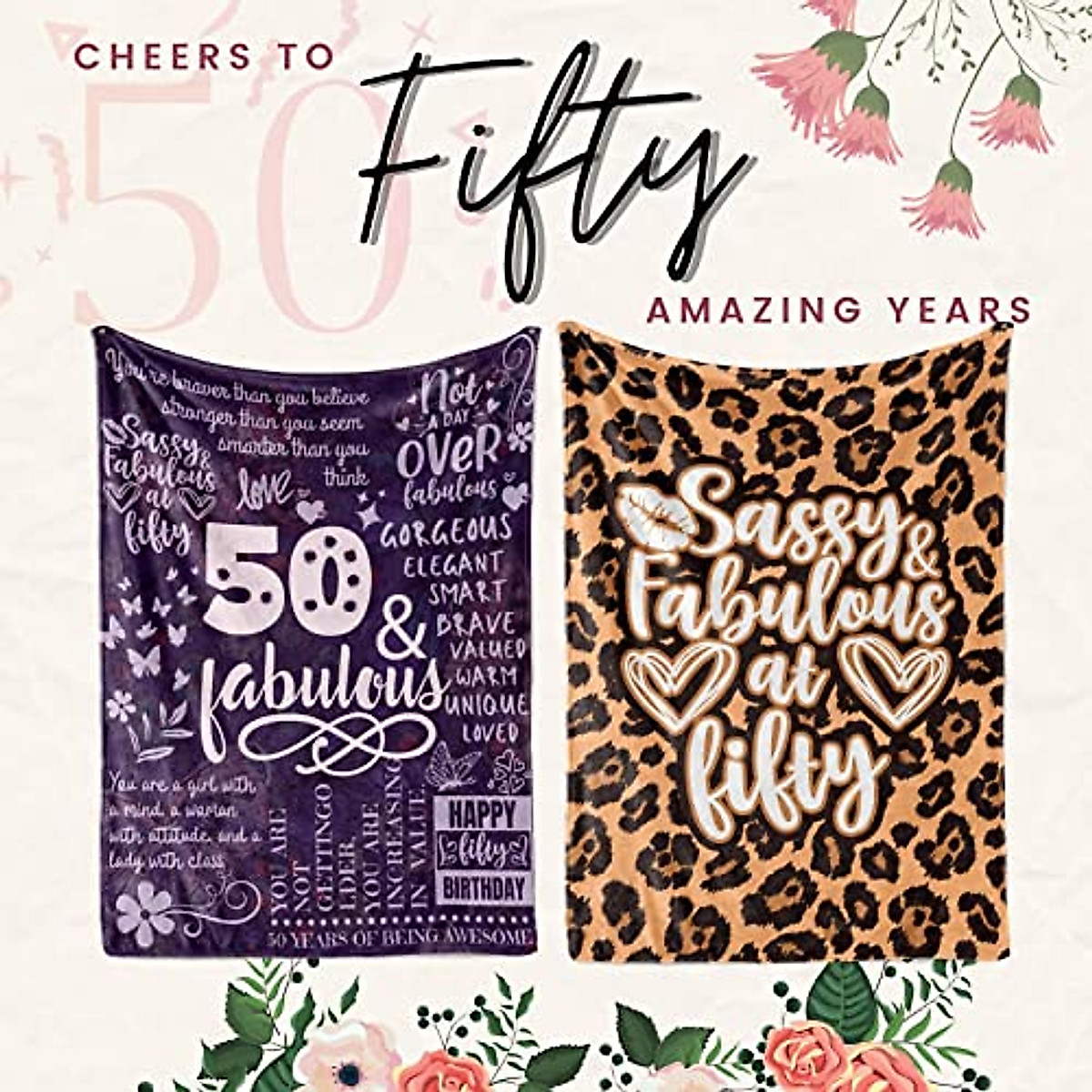 InnoBeta 50th Birthday Gifts for Women Flannel Blanket and Sock, Birthday Gift Basket for Women, Female, Friends, Ideal for Mom, Best Friends, Grandma, Gigi (50"x 65") - 50 & Fabulous