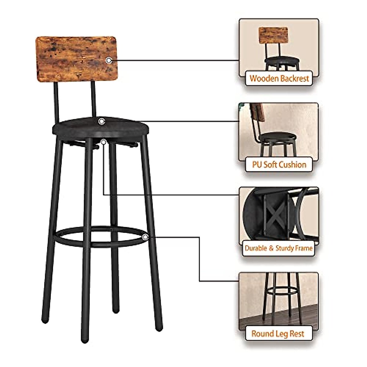 5 Piece Pub Bistro Dining Set, Bar Table Set with 4 PU Bar Stools with Backrest, Industrial Counter Height Dining Table Set for Kitchen Living Room Restaurant Small Space (Rustic Brown-Bar Table Set)