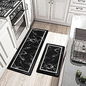 ASPMIZ 2 PCS Kitchen Rugs Non Slip, Black Marble Kitchen Mats Cushioned Anti Fatigue, Comfort Standing Mat for Kitchen Floor, Marble Kitchen Rugs Sets of 2 Washable, 18'' x 48'' + 18'' x 30''